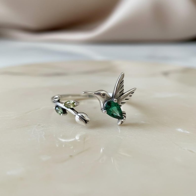 Hummingbird Ring: Sterling Silver Rose Flower Leaf Wrap, Adjustable ...