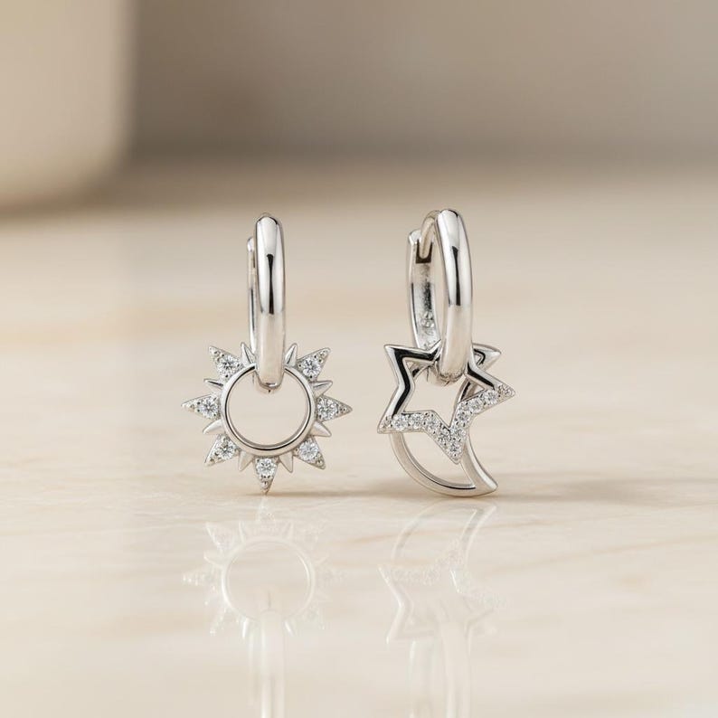 18K Gold Plated Dainty Starburst Sun Moon Huggie Hoop Earrings ...