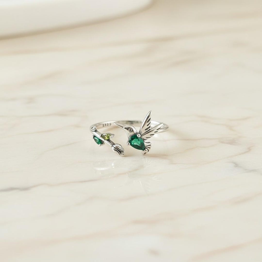 Hummingbird Ring: Sterling Silver Rose Flower Leaf Wrap, Adjustable ...