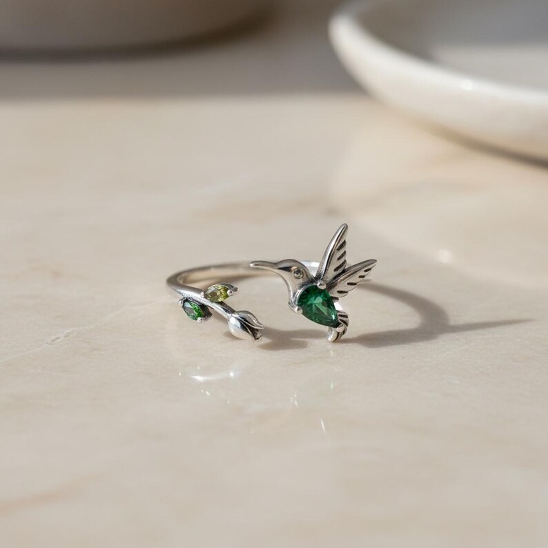 Hummingbird Ring: Sterling Silver Rose Flower Leaf Wrap, Adjustable ...