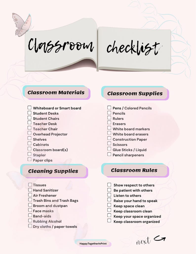 Classroom Checklist Printable PDF: Teacher Supply List (instant ...