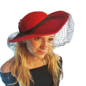 Red Wide Brim Hat With Veil, Fancy Red Hat for Women, Womens Wool Hat ...