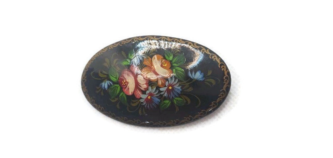Russian Lacquered Brooch Signed by Artist, Hand Painted Lacquered ...