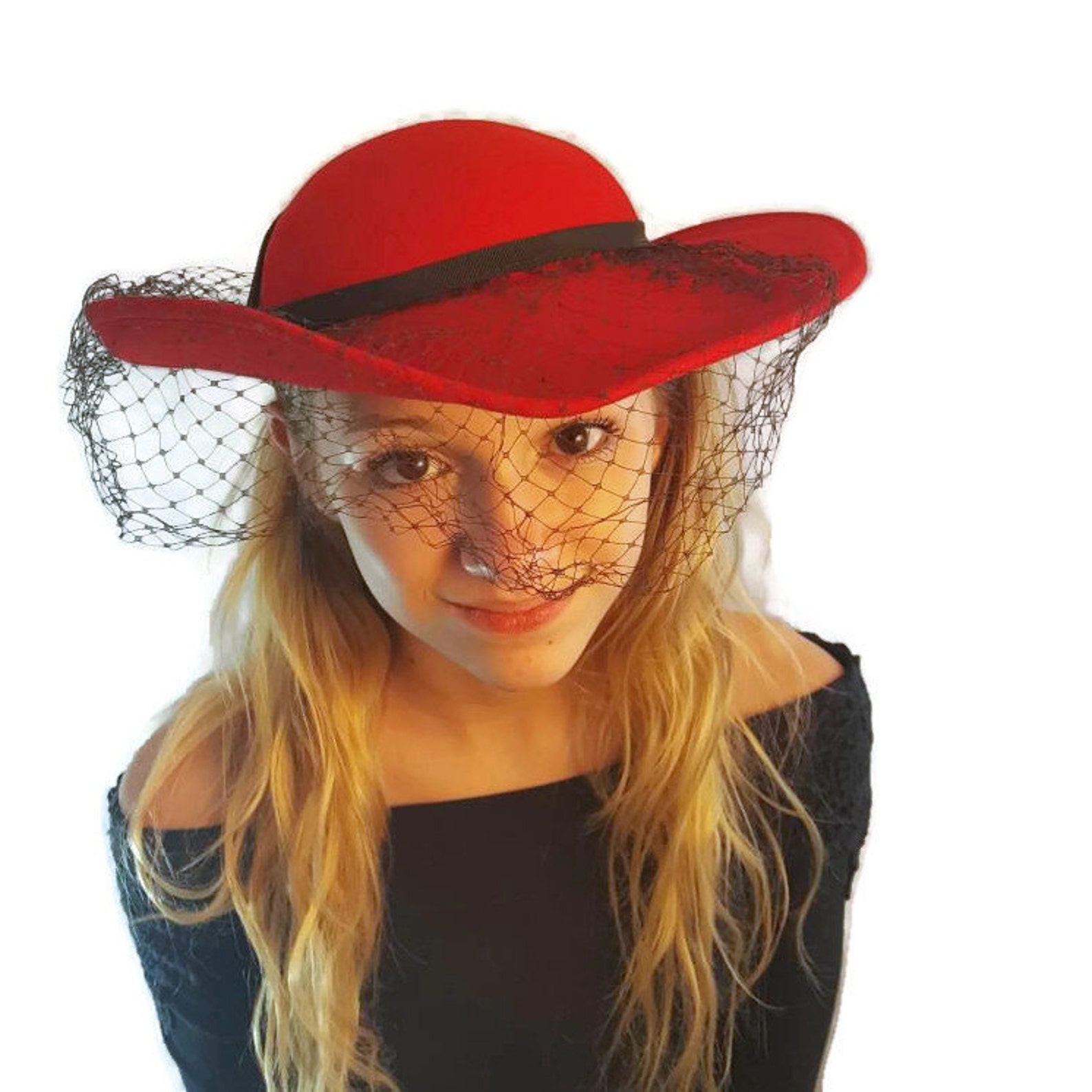 Red Wide Brim Hat With Veil Fancy Red Hat for Women Womens | Etsy