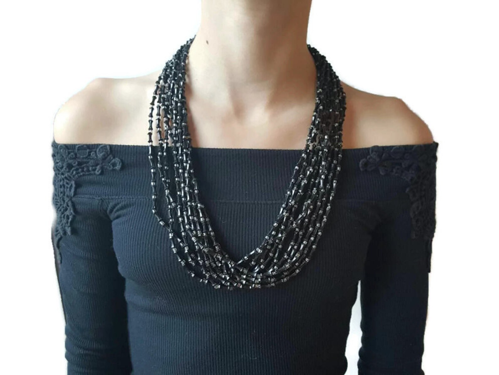 Long Layered Necklace Multistrand Necklace Black Jewelry for Women ...