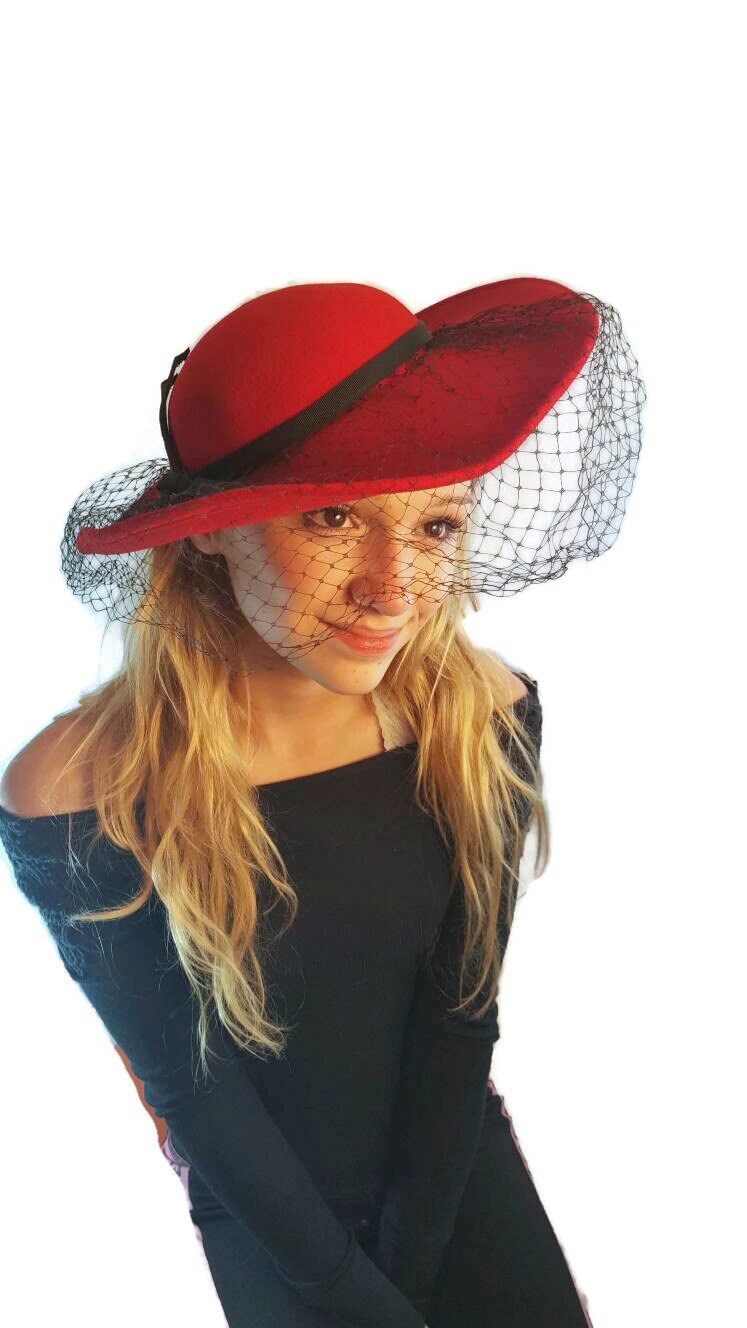 Red Wide Brim Hat With Veil Fancy Red Hat for Women Womens | Etsy