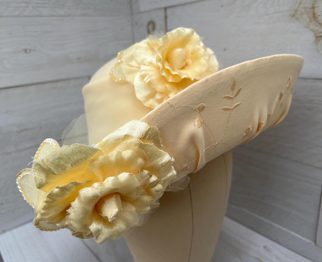 Yellow Derby Hat for Women, Large Wide Brim Floral Hat, Fancy Derby ...