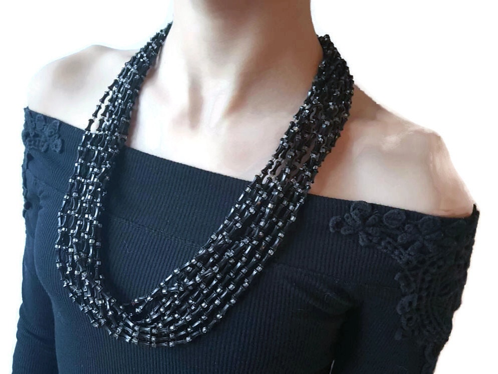 Long Layered Necklace Multistrand Necklace Black Jewelry for Women ...