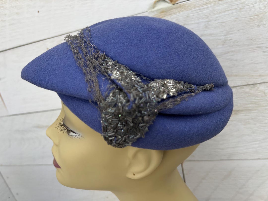 Blue Pillbox Hat Wool Fur Hat 1960s Mod Hat Terry Sales Corp Womens ...