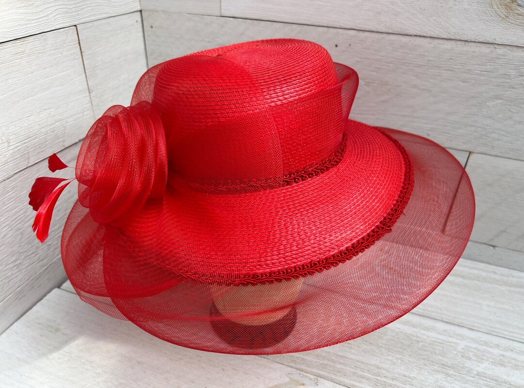 Red Fancy Sun Hat Vintage 1990s, Size Large, Wide Brim Red Hat Vintage ...