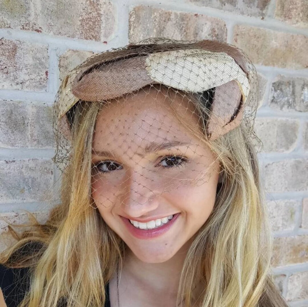Pillbox Fascinator Hat With Veil Womens Hats, Neutral Beige 1960s Mod ...