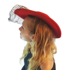 Red Wide Brim Hat With Veil, Fancy Red Hat for Women, Womens Wool Hat ...
