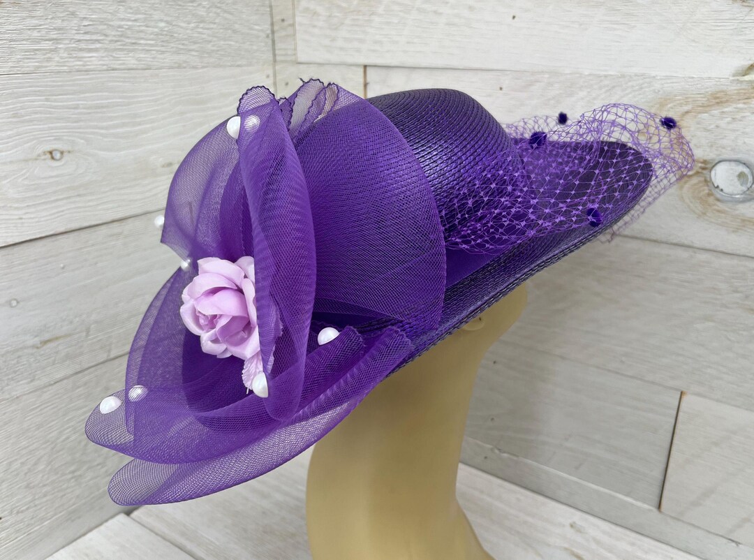 Vintage Fancy Hat Purple Derby Hat With Veil for Woman Hats Wide Brim ...