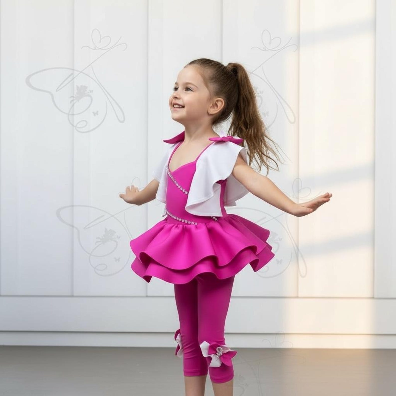 Hot Pink Flutter Sleeve Double Peplum Top With Matching Capris, Pageant ...
