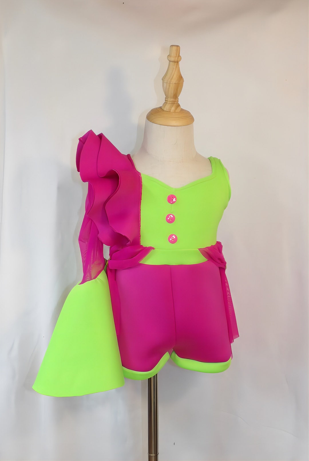 Neon Green and Hot Pink Bell Sleeve Skirted Romper, Pageant Romper ...
