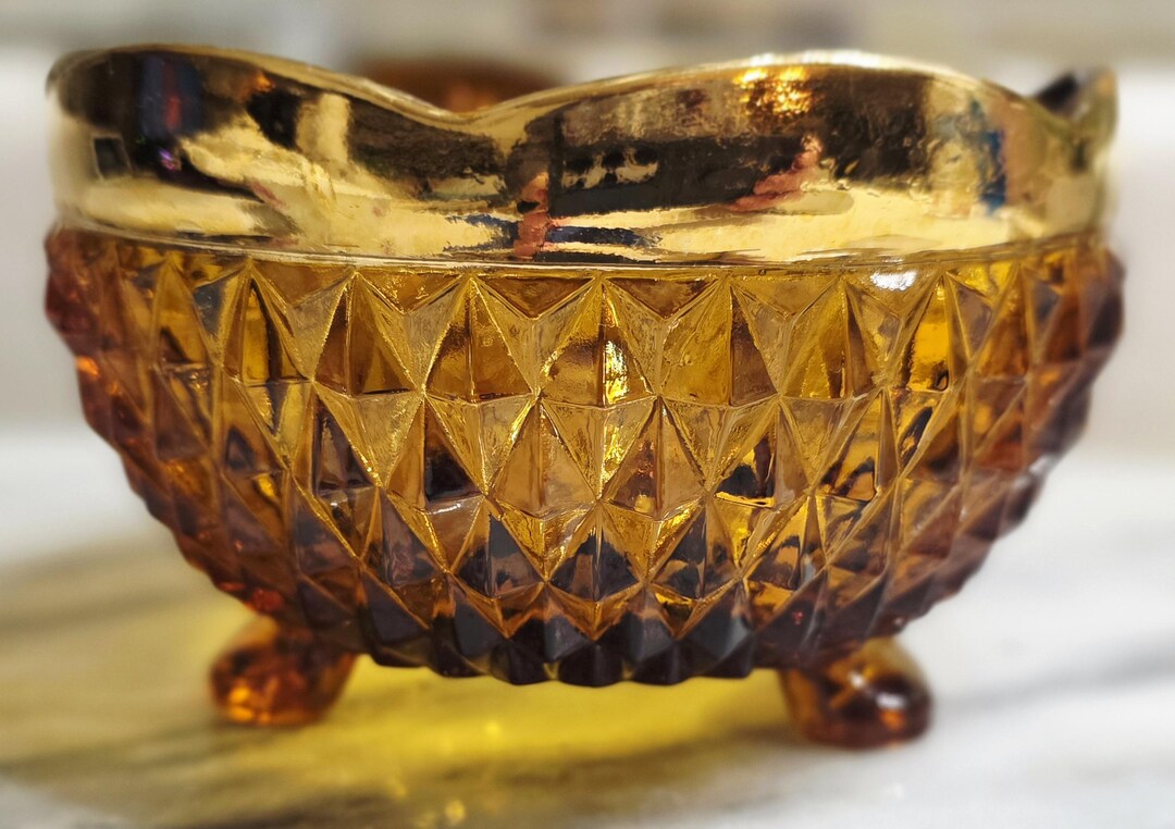 Vintage Indiana Glass Amber Diamond Point Footed Bowl With Gold Rim - Etsy