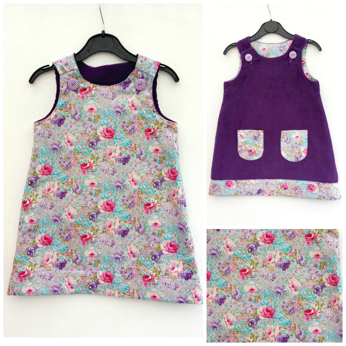 Girl's Floral Dress, Girl's Reversible Dress, Girls Pinafore, A Line ...