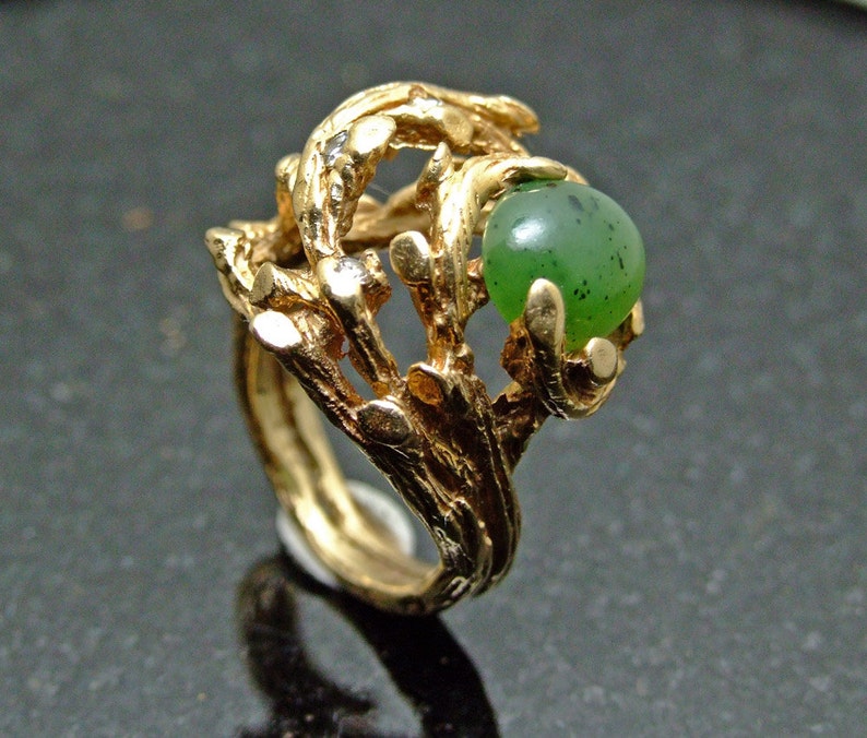 Estate Jewelry Lost Wax Cast 14k Gold Freeform Womans Cocktail Ring Jadeite Diamond Ooak Custom