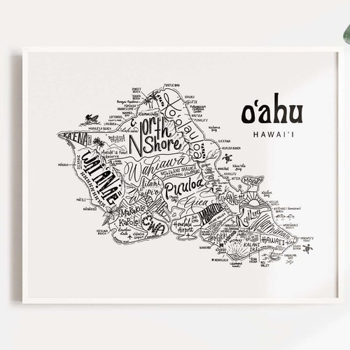 O'ahu HI Illustrated Font Map Print Oahu Map of Oahu | Etsy