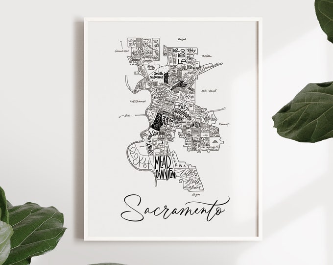 Sacramento CA Neighborhood Map Print Hand Lettered Map of | Etsy