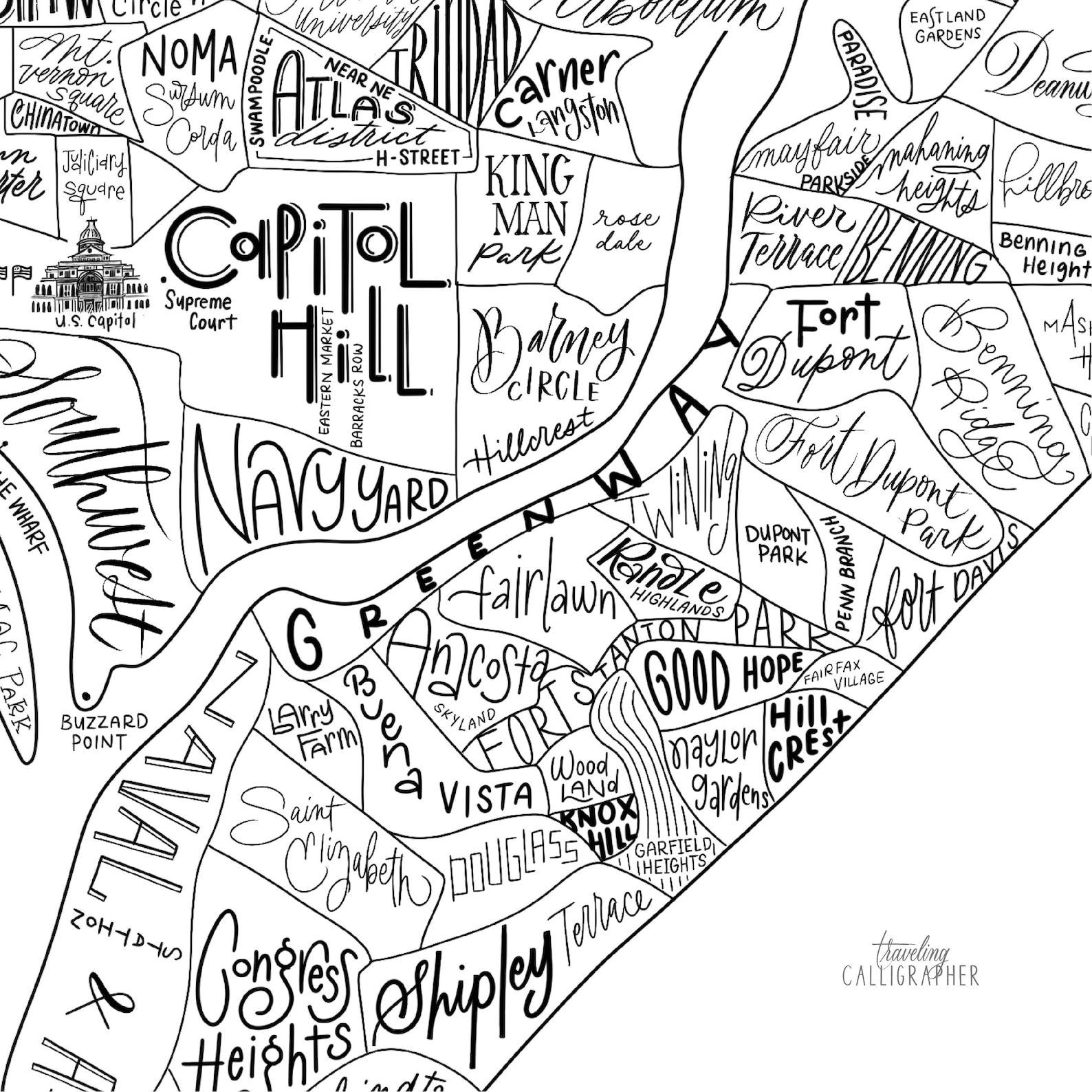 Washington D.C. Neighborhood Map Print Handlettered Map of DC DC Map ...