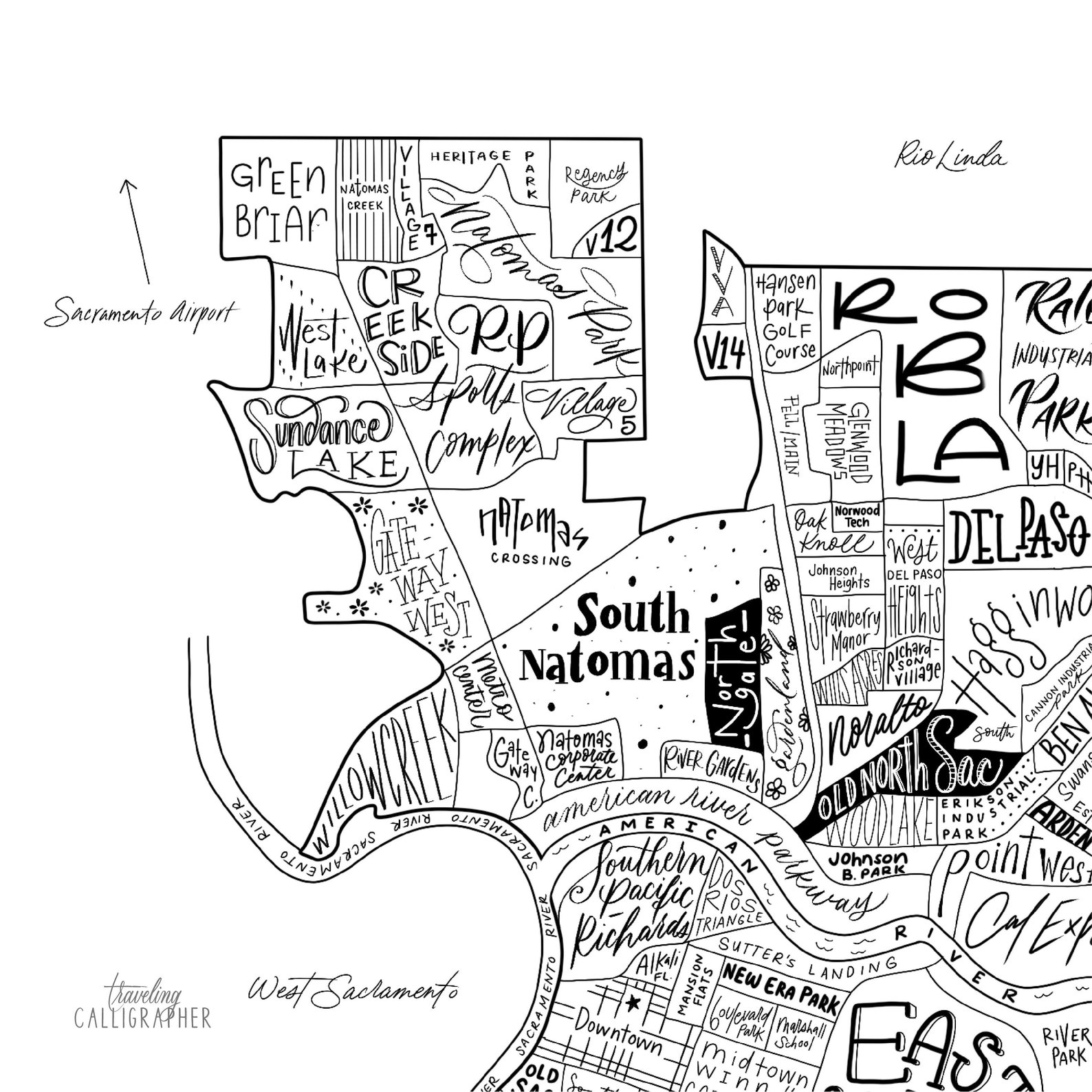 Sacramento, CA Neighborhood Map Print - Hand Lettered - Map of ...