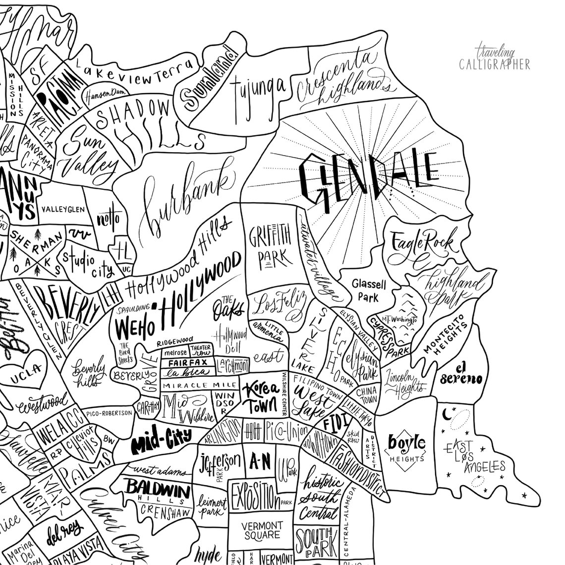 Los Angeles Neighborhood Map Print Handlettered Map of LA - Etsy