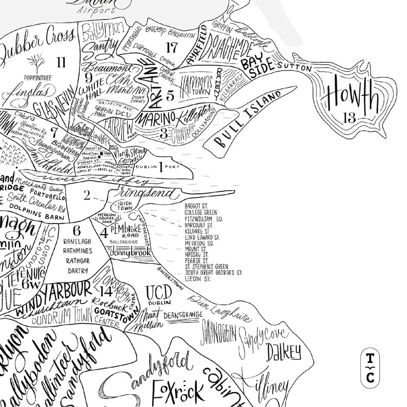 Dublin, Ireland Illustrated Map Print - 24 Postal Codes - Map of Dublin ...