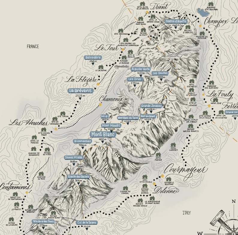 Tour Du Mont Blanc Trail Map (customizable!) - Refugios - TMB Map ...