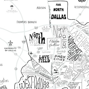 Dallas, TX Neighborhood Map - Handlettered Map- Cowboys - Fortworth ...