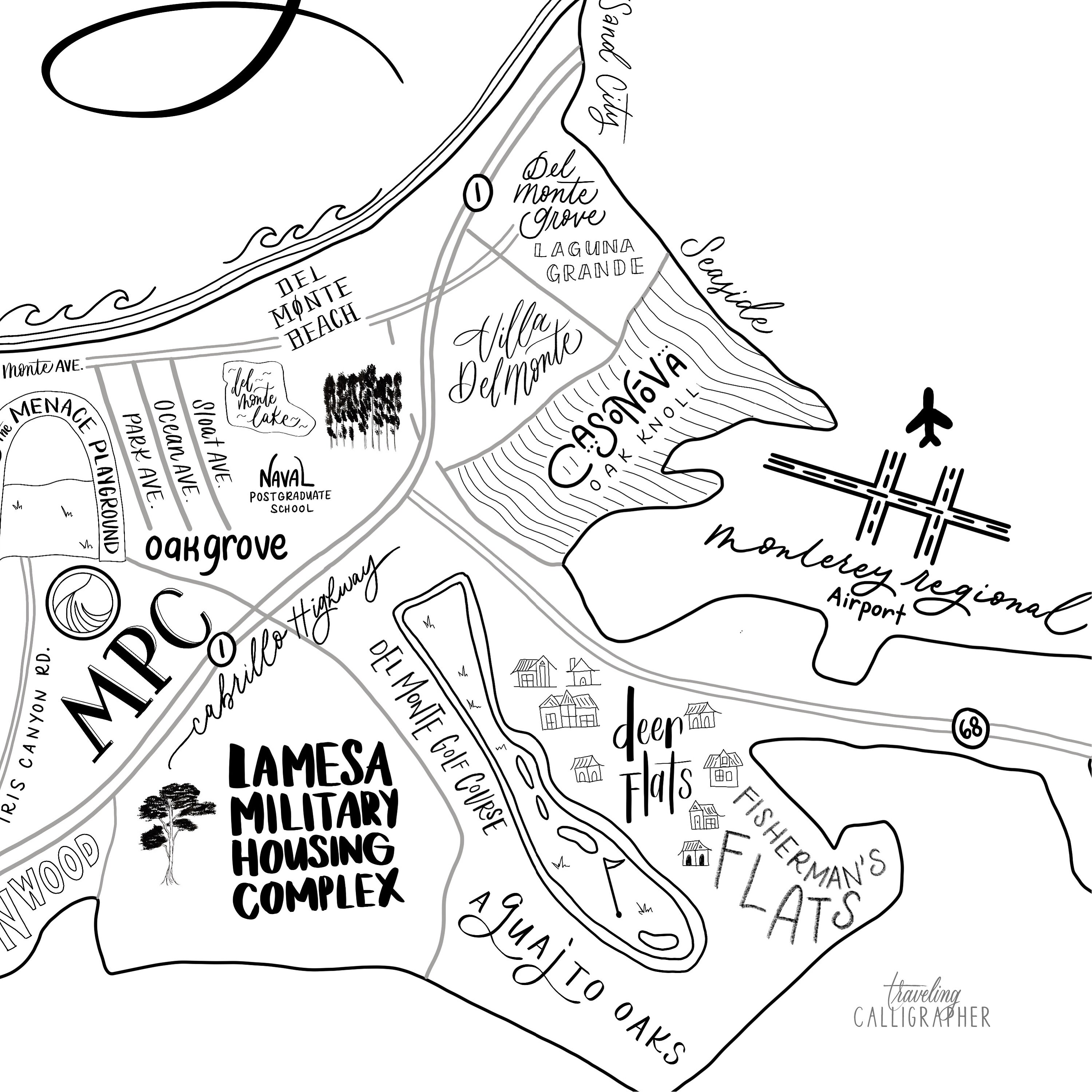 Monterey, CA Neighborhood Map Print - Handlettered - Map of Monterey ...