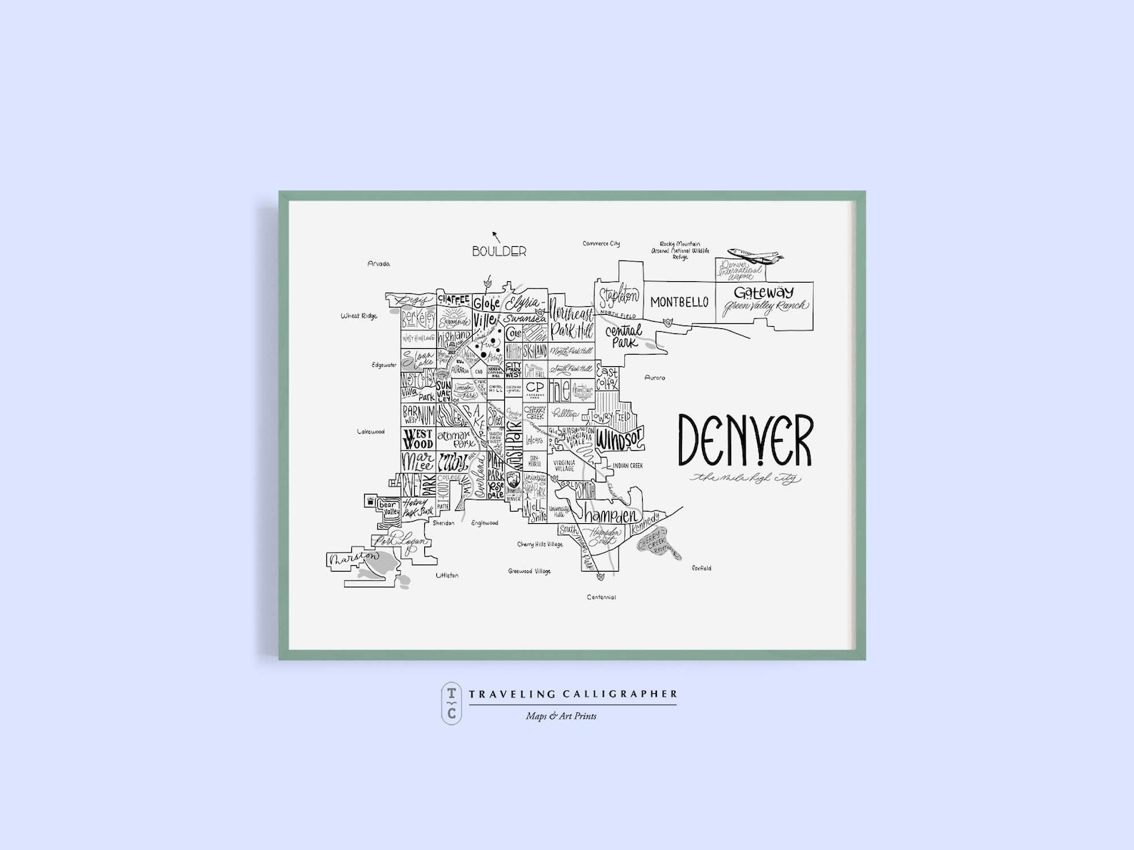 Denver, CO Neighborhood Map Print - Handlettered - Map of Denver ...