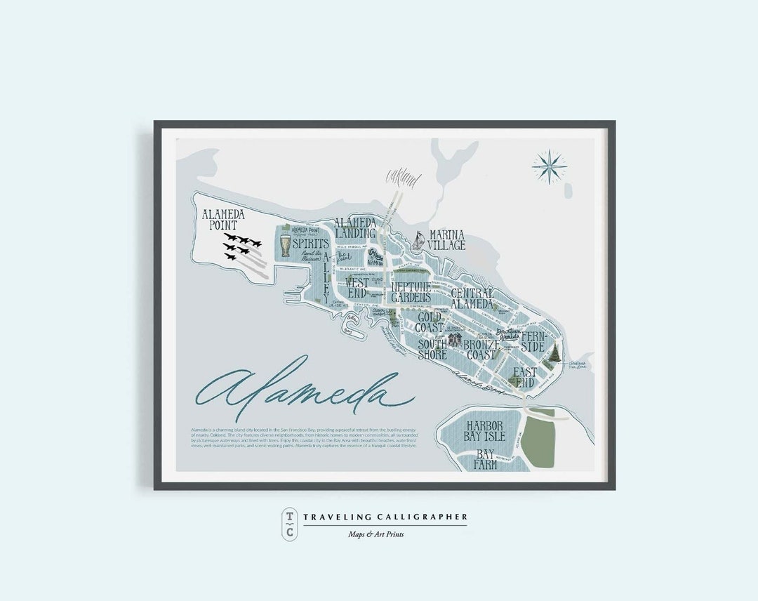 Alameda, CA Neighborhood Map Print - Handlettered-map of Alameda ...