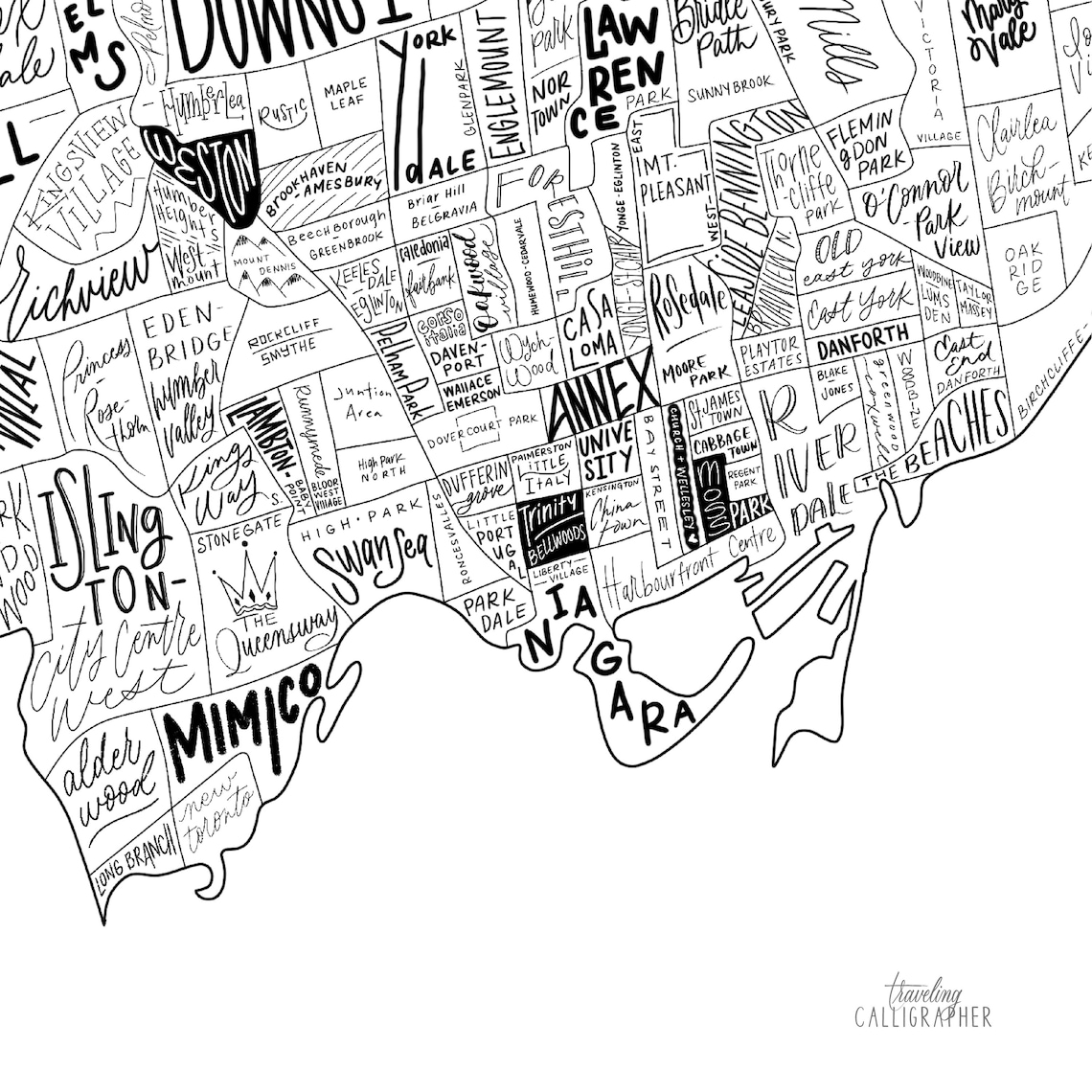 Toronto Neighborhood Map Print Handlettered Map of Toronto - Etsy