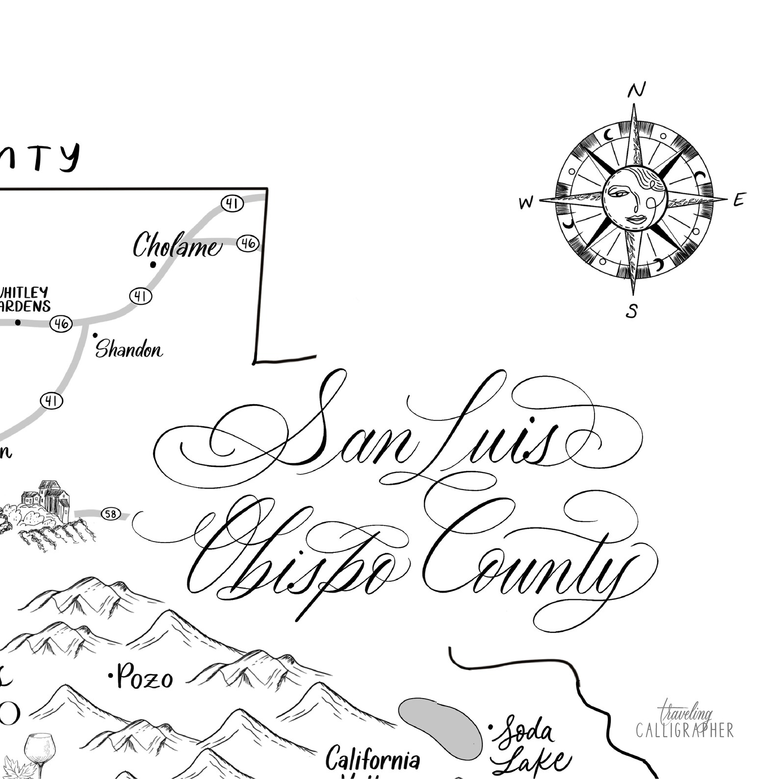 San Luis Obispo County Map Print - Handlettered-map of SLO County - SLO ...