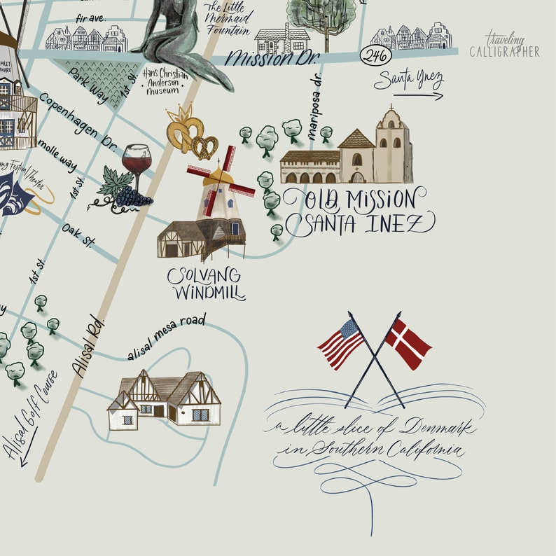 Solvang, California Illustrated Map Print - Map of Solvang - Solvang ...