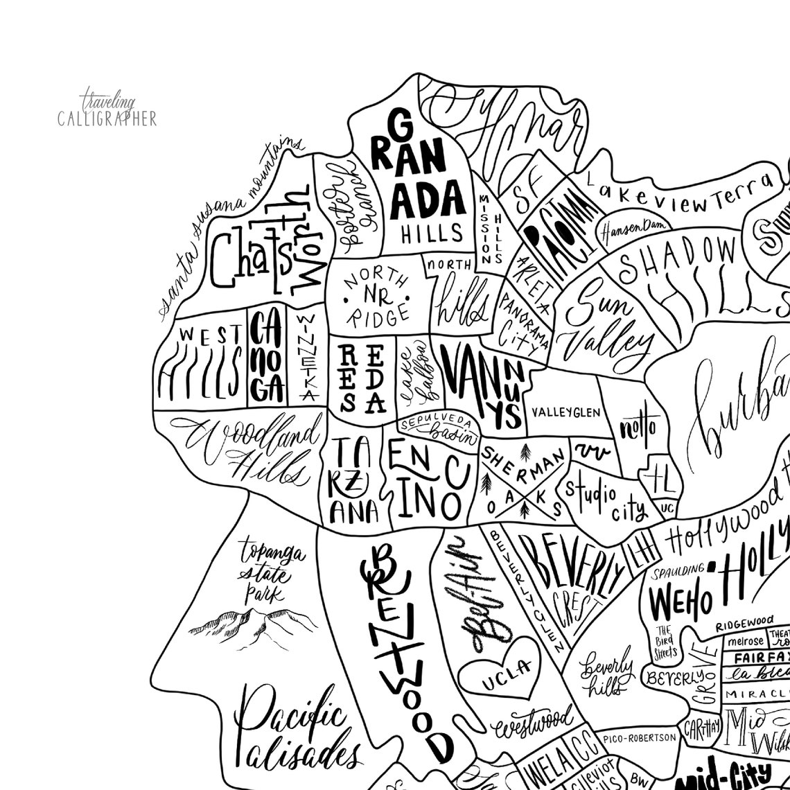 Los Angeles Neighborhood Map Print Handlettered Map of LA - Etsy