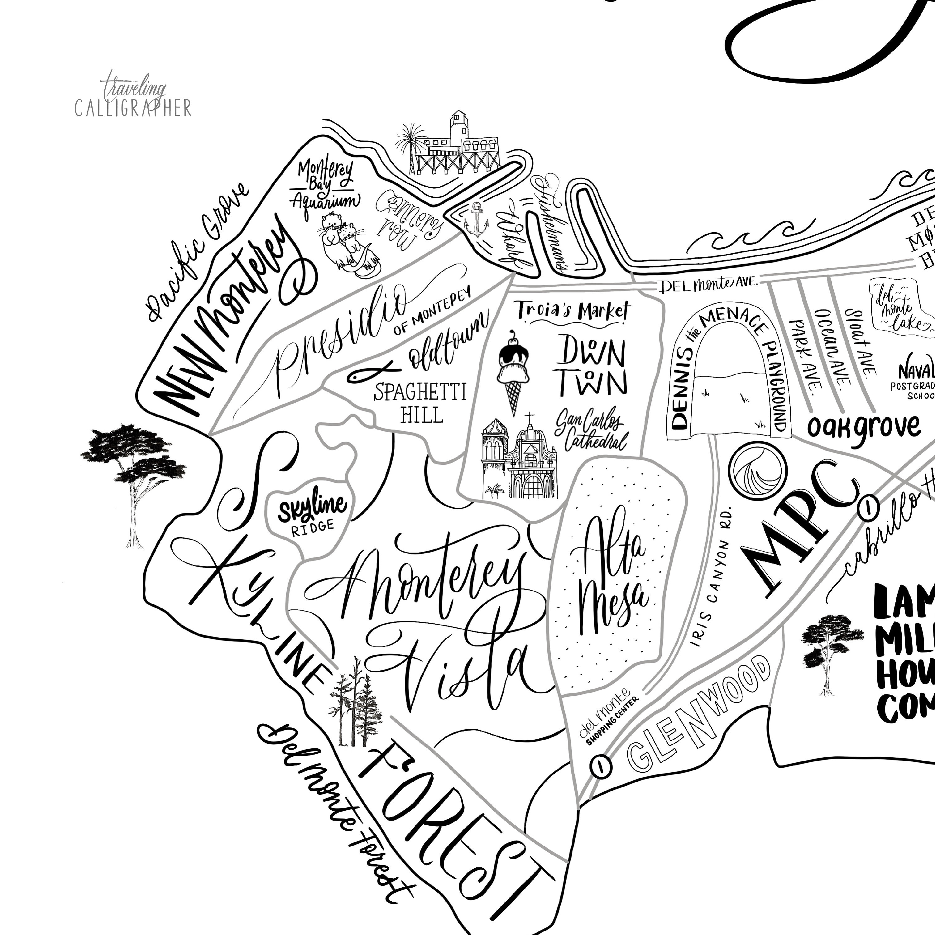 Monterey, CA Neighborhood Map Print - Handlettered - Map of Monterey ...
