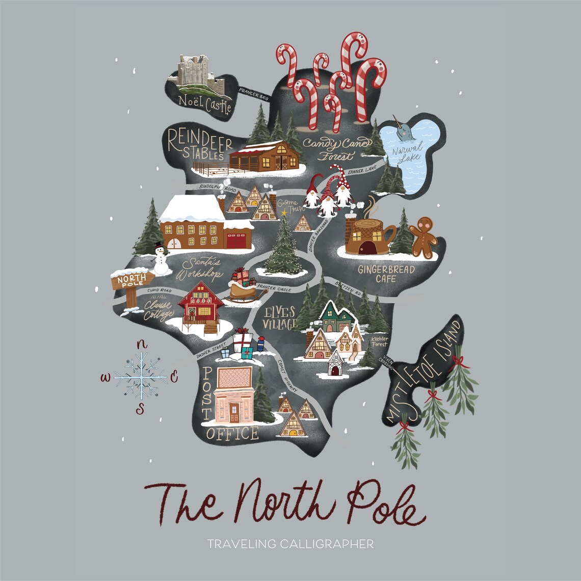 The North Pole Map - North Pole Art, Christmas Art, Unique Maps, Map of ...