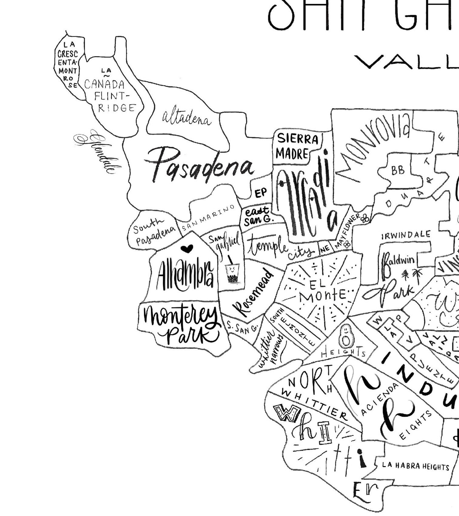 San Gabriel Valley Neighborhood Map Print - Handlettered - Map of SGV ...