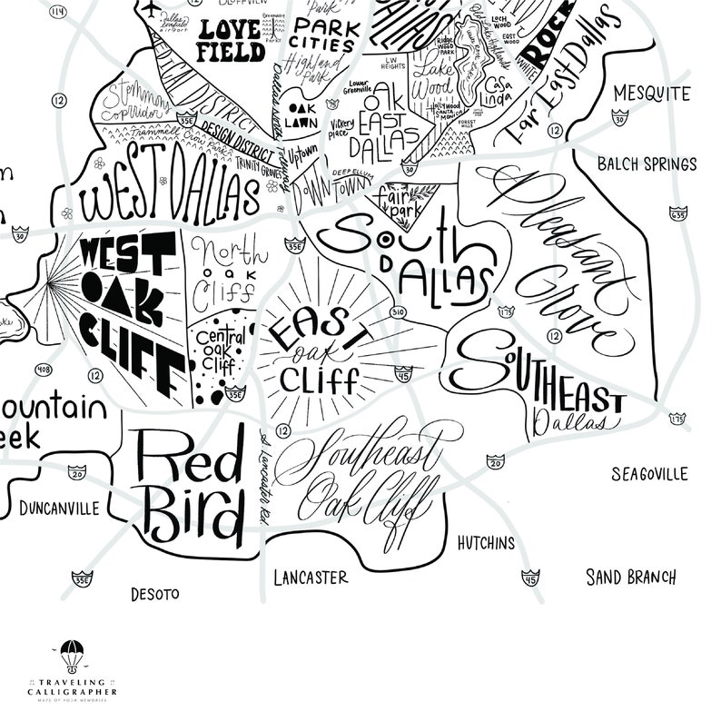 Dallas TX Neighborhood Map Handlettered Map Cowboys | Etsy Dallas TX Neighborhood Map Handlettered Map Cowboys | Etsy