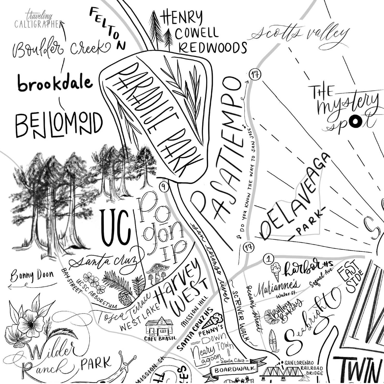 Santa Cruz, CA Neighborhood Map Print - Handlettered - Map of Santa ...