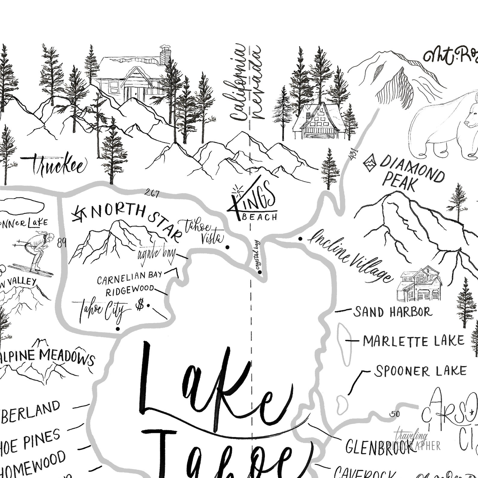 Lake Tahoe Map Print Handlettered Map of Lake Tahoe Lake - Etsy