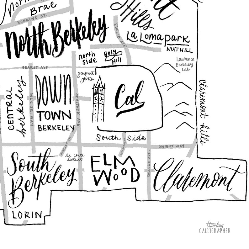 Berkeley Neighborhood Map Print - Handlettered - Map of Berkeley ...