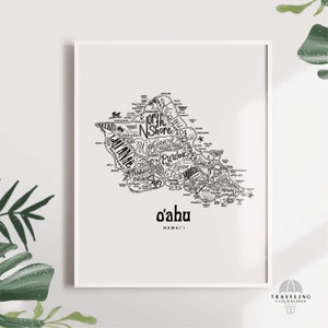 O'ahu, HI Illustrated Font Map Print - Oahu- Map of Oahu - Oahu Map ...