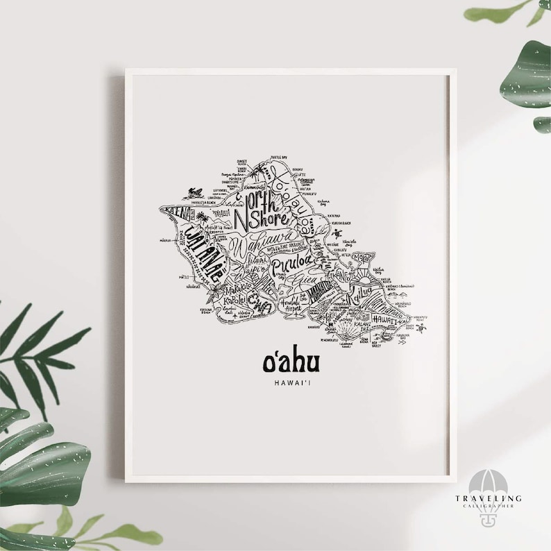 O'ahu HI Illustrated Font Map Print Oahu Map of Oahu | Etsy