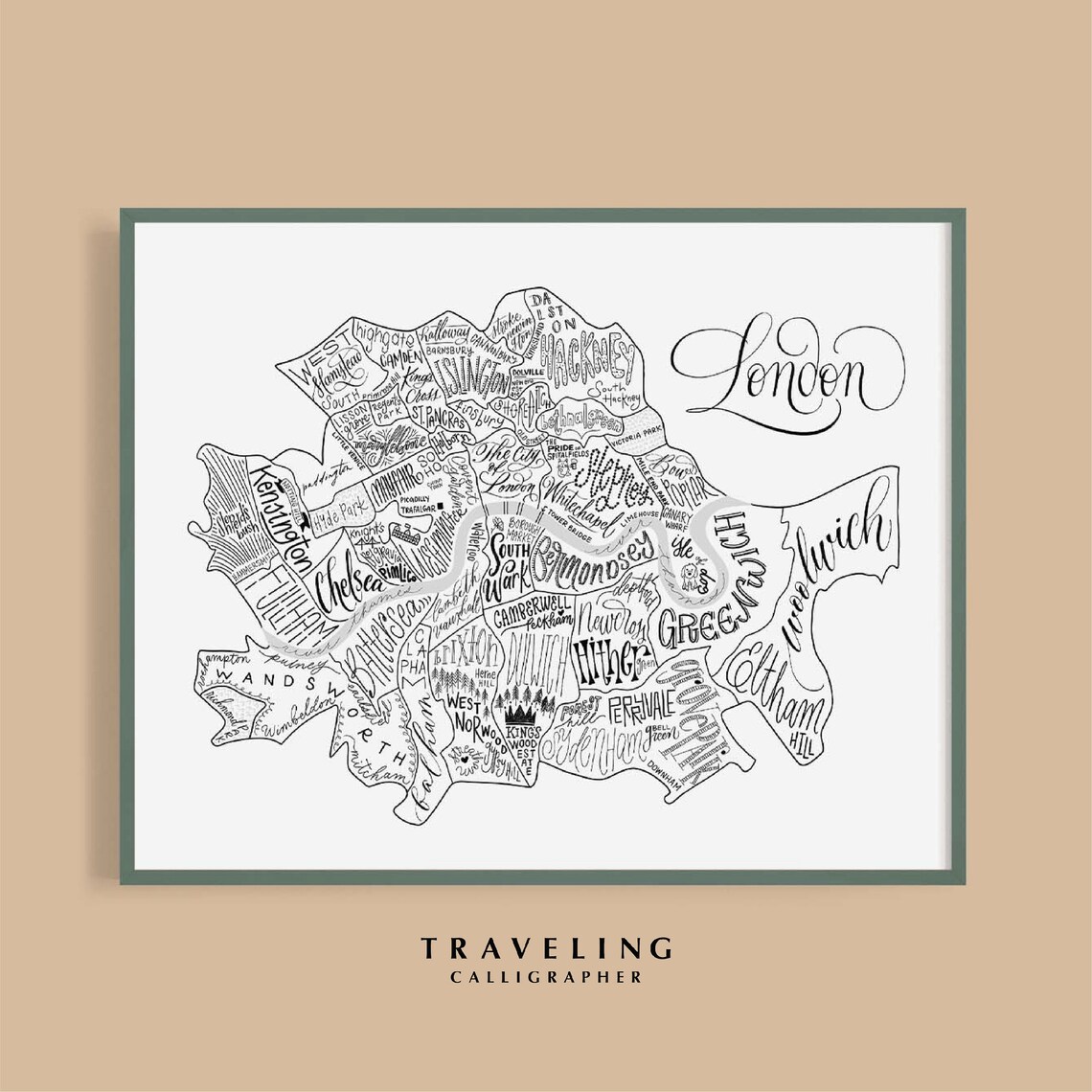London Neighborhood Map Print Handlettered Map of London - Etsy