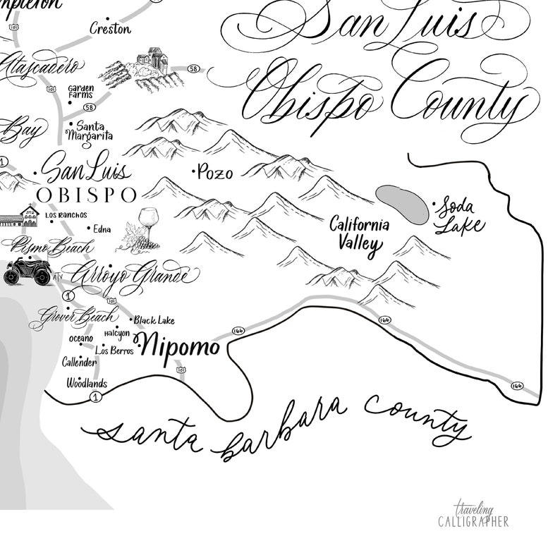 San Luis Obispo County Map Print - Handlettered-map of SLO County - SLO ...