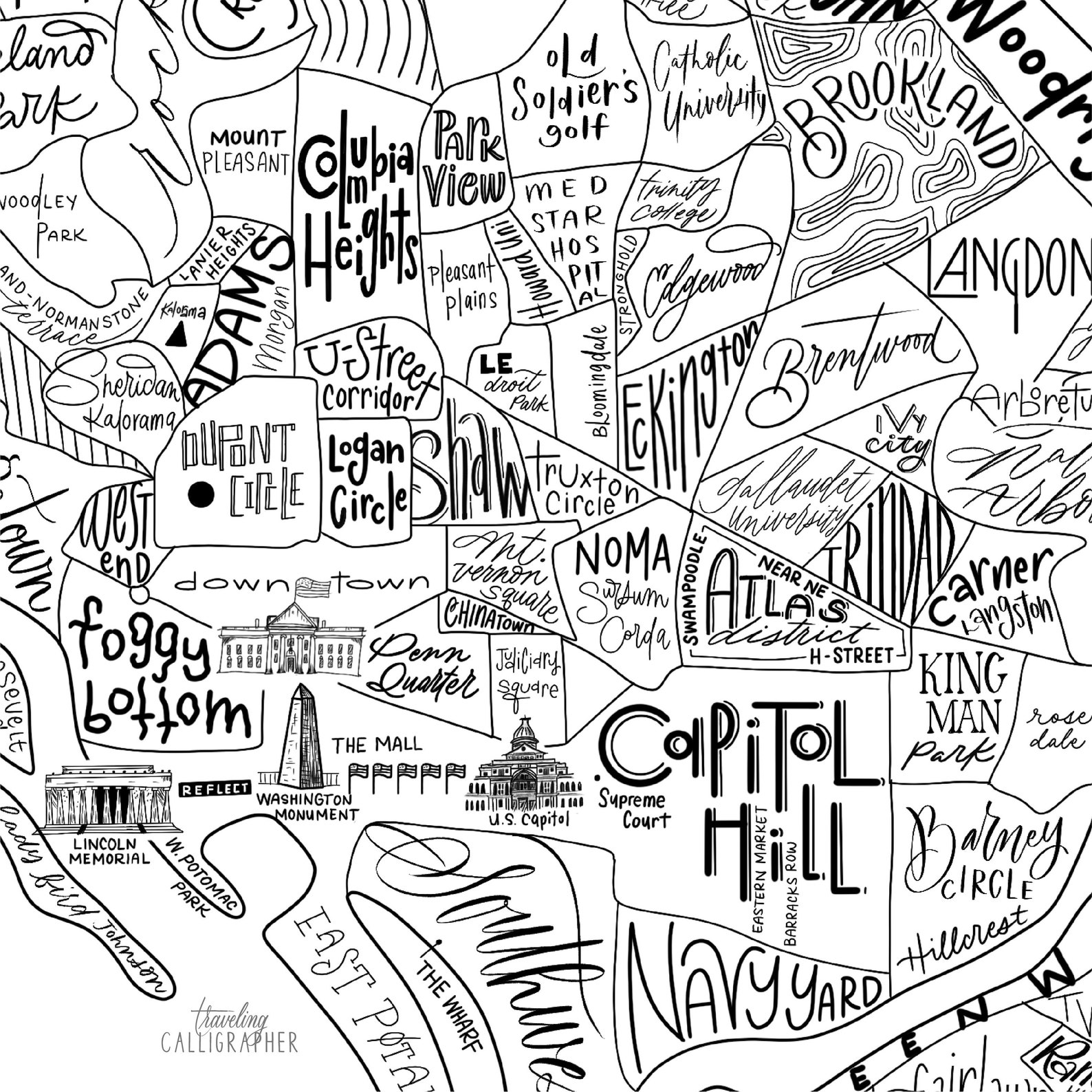 Washington D.C. Neighborhood Map Print Handlettered Map of DC DC Map ...