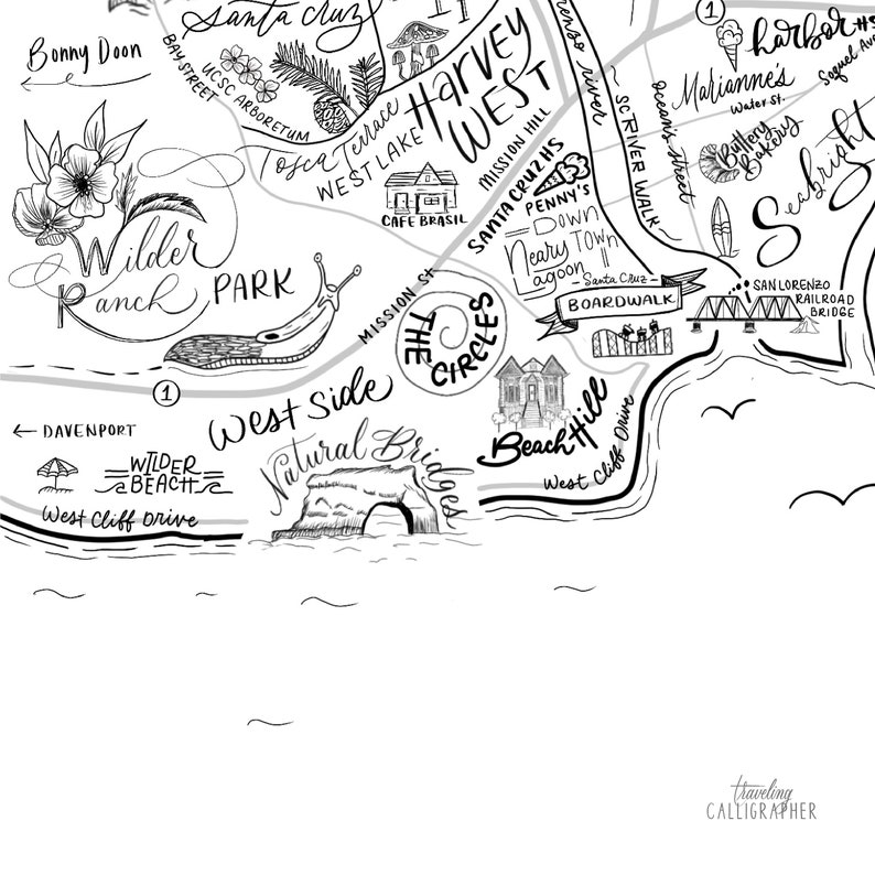 Santa Cruz CA Neighborhood Map Print Handlettered Map of - Etsy